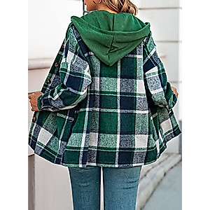 EVALESS Women's Hooded Flannel Fall Fleece Plaid Shacket Jacket 2023 Fashion Casual Long Sleeve Button Down Shirts Coats,Green XL