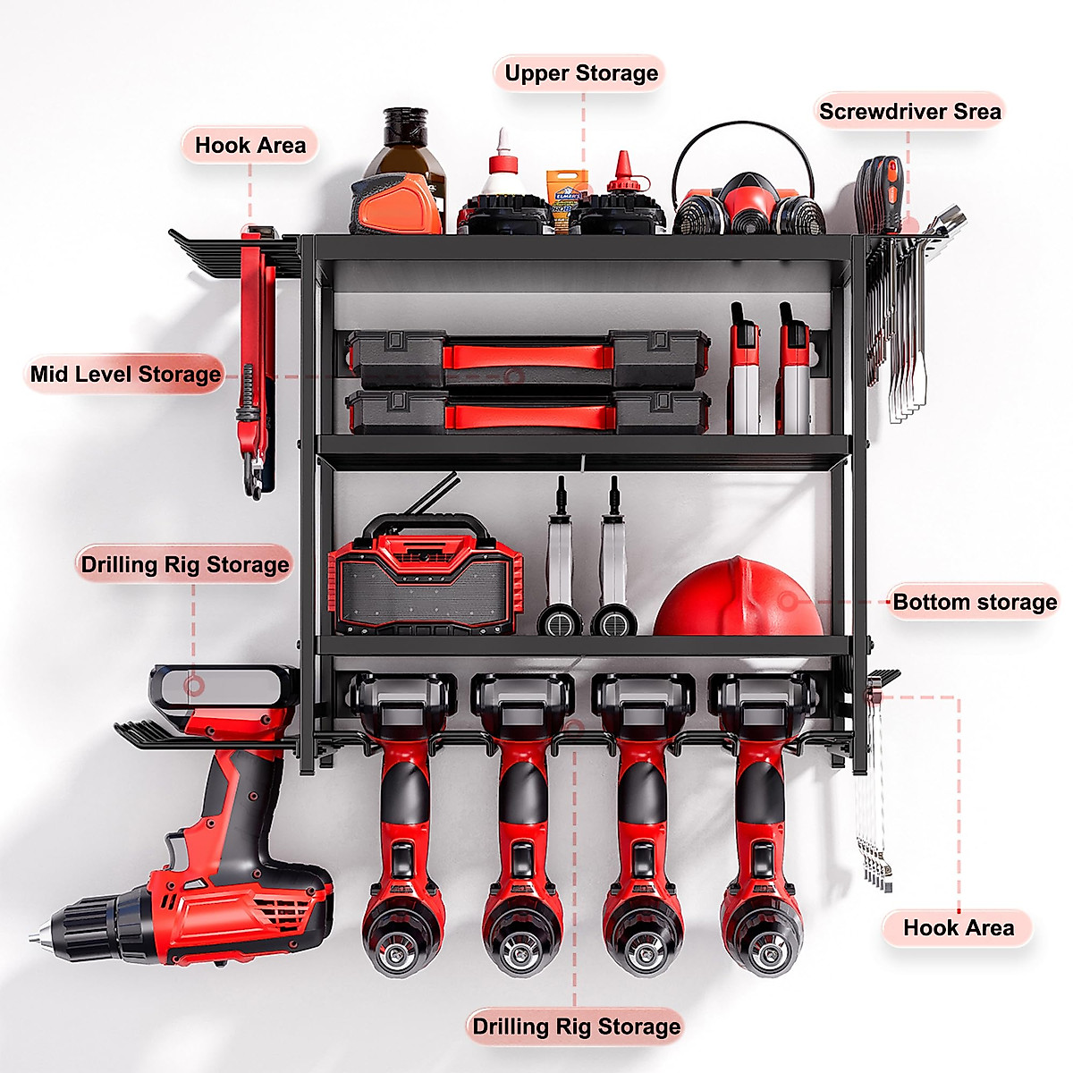 CATCHLUCK Power Tool Organizer Power Tool Storage 6 Drill Holder Wall Mount, Heavy Duty Metal Power Tool Rack 4 Layer 12 Hooks Tool Organizer