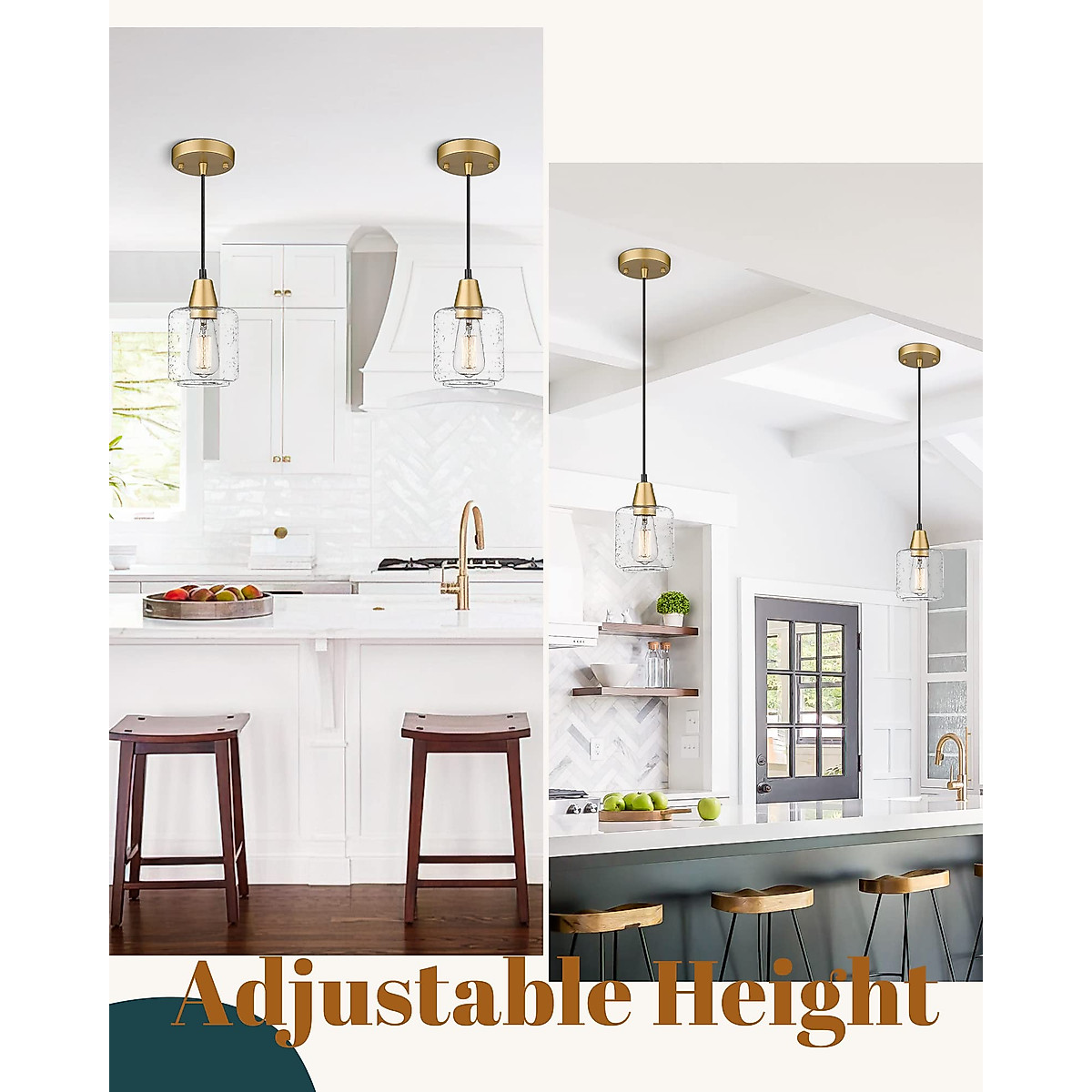 FOITTON Gold Pendant Light Fixtures, 1-Light Hanging Light Fixtures with Seeded Glass Shade, Adjustable Height, Modern Pendant Lighting for Kitchen Island Dining Room