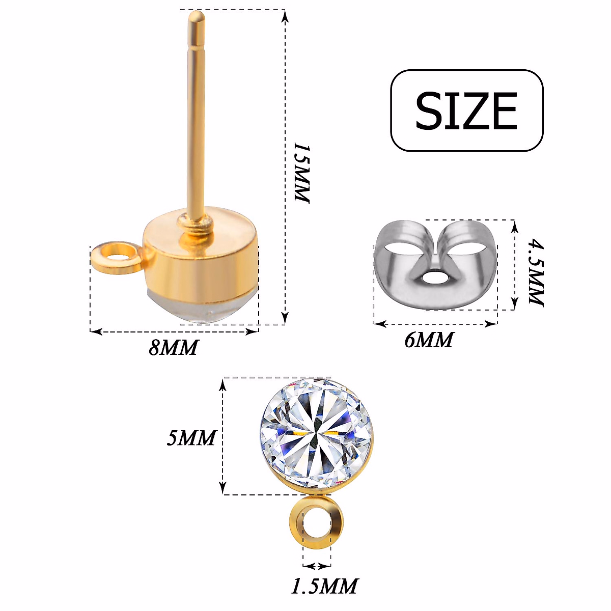 100pcs 5mm Rhinestone Earring Studs Hypoallergenic Earrings Posts with Loop and 100pcs Butterfly Earring Backs for DIY Earring Jewelry Making Supplies