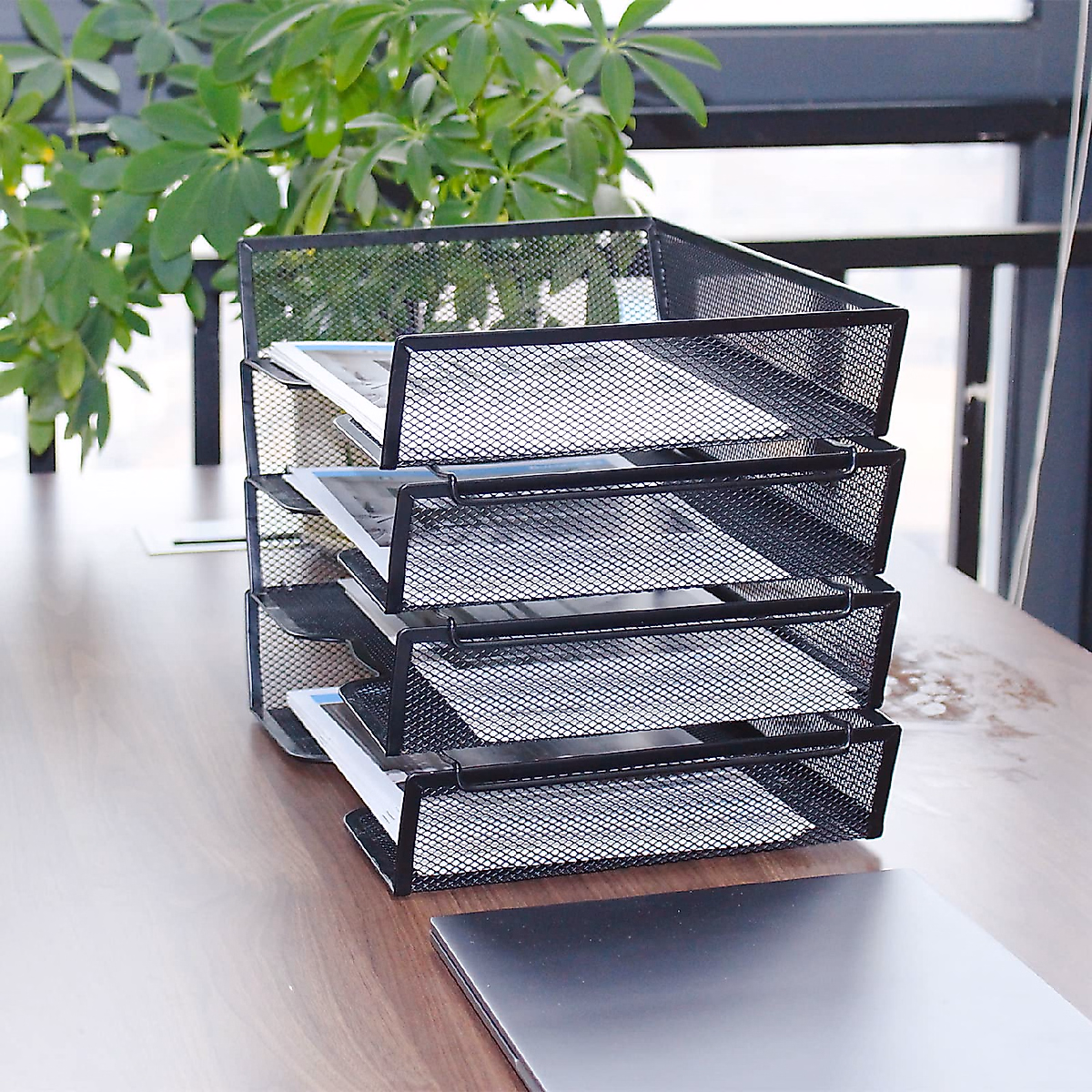 SETTFRFE 4 Tier Metal Mesh Desk Organizer-Stackable Letter Trays for Office Supplies,Black File Storage System with Reinforced Edges