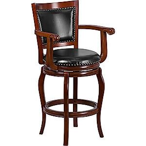 Flash Furniture Vestina 30" LeatherSoft Barstool with Footrest and Arms, Classic Ladder Back Upholstered Bar Height Stool, Cherry Wood/Black