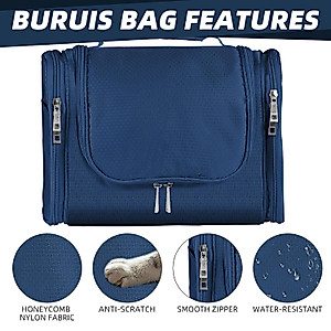 Buruis Large Capacity Toiletry Bag for Women and Men, Hanging Toiletry Organizer Cosmetics Makeup Bag, Water-resistant Dopp kit Shaving Bag for Full Sized Toiletries, Travel Essentials (Blue)