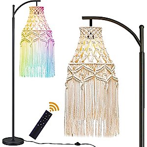 QIYIZM Boho Floor Lamp for Living Room Bedroom,Bohemian Standing Lamp with Control and Dimmable RGB Bulb,Farmhouse Adjustable Floor Light,Macrame Fringe Lamp Shades,Modern Arc Tall Lamp（Colorful Bulb）