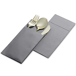 50-Pack Disposable Linen-Feel Dinner Napkins with Built-in Flatware Pocket, GRAY Prefolded Cloth Like Paper Napkins For Dinner, Wedding Or Party [Silverware NOT Included]