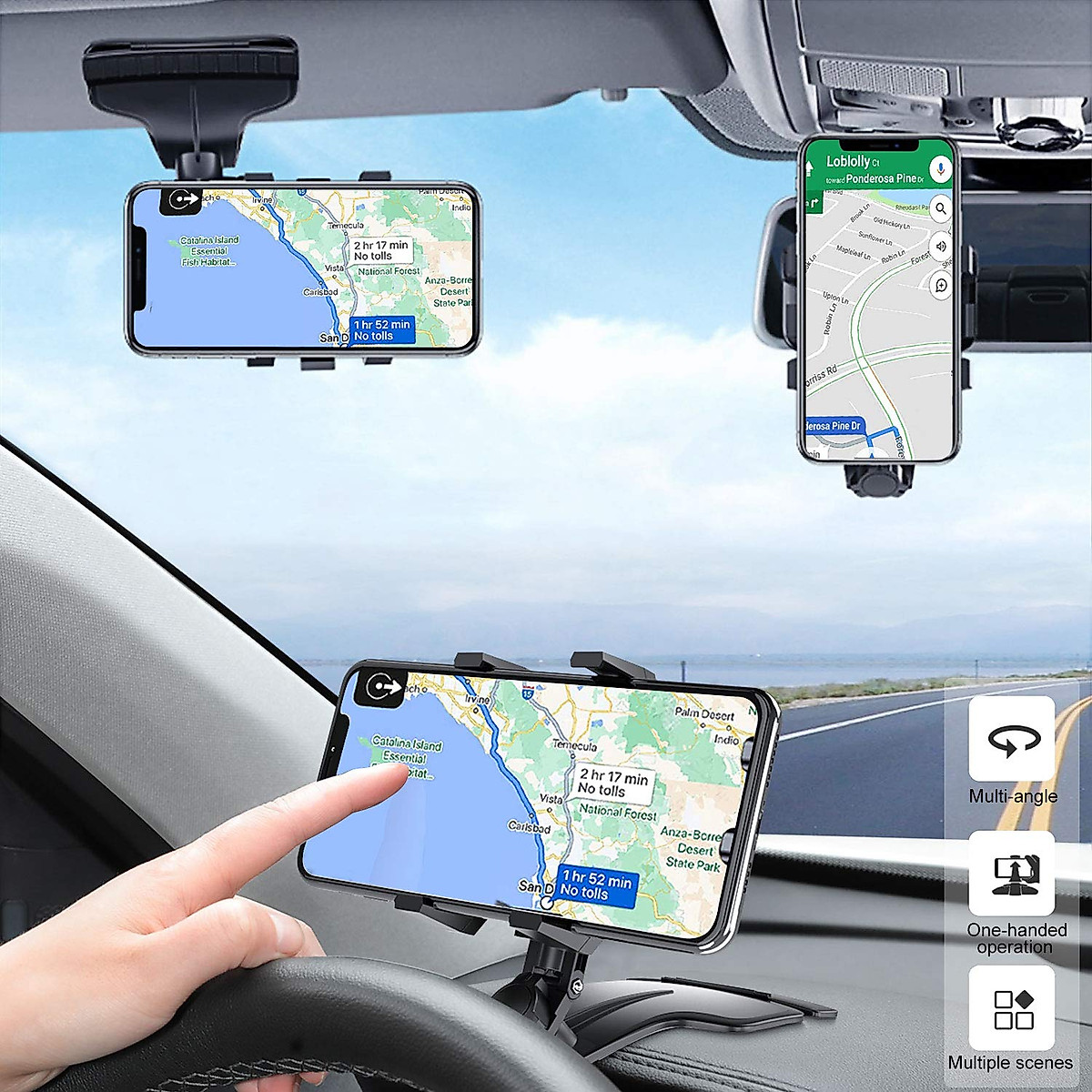 DMJWAN Car Phone Holder, Multifunction Car Dashboard Holder Rearview Mirror with 360 ° Adjustable Spring Clip, Suitable for 3 to 7 Inch Smartphones (Center Console)