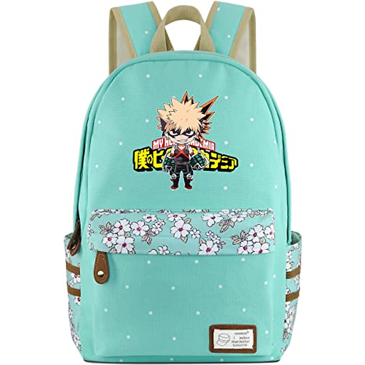 Roffatide Anime My Hero Academia Katsuki Bakugo Backpack Canvas Dots Backpack Green Rucksack Printed Bookbag Flower Pattern Schoolbag