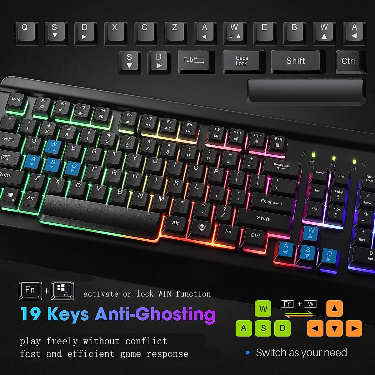 HovingTech Gaming Keyboard, USB Wired Keyboard with Metal Panel Rainbow Backlight, LED Illuminated Ergonomic Wrist Rest, Shortcuts, 19-Key Anti-Ghosting, Laptop & Desktop PC Computer Black