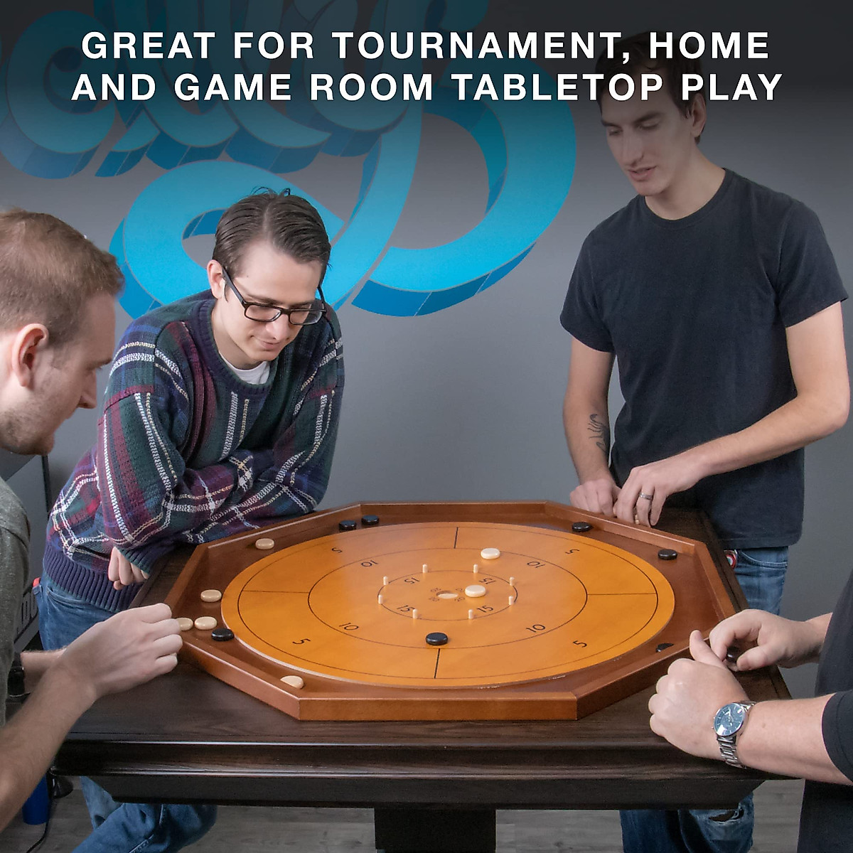 Tournament Crokinole & Checkers | Classic Dexterity Board Game for Two Players | 24 Black & White Discs & Game Board | 27 Inch