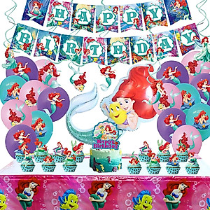 Ariel Birthday Party Supplies, Party Decorations Set Include Banner, Tablecloth, Balloons, Hanging Swirls, Cake Cupcake Toppers for Girls Little Mermaid Party Decorations