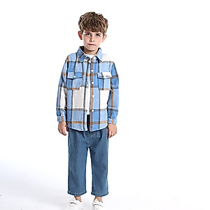 Feidoog Toddler 2 Pack Baby Boys and Girls Plaid Shirts Jacket Long Sleeve Lapel Button Down Shirt Top Outwear Clothes,Blue+Brown,3-4T