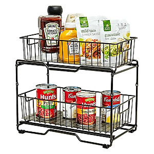 CAXXA 2 Tier Sliding Cabinet Basket Organizer, Bathroom Pull-Out Drawer Organizer, Space Saving with Handles (Medium, BRONZE)