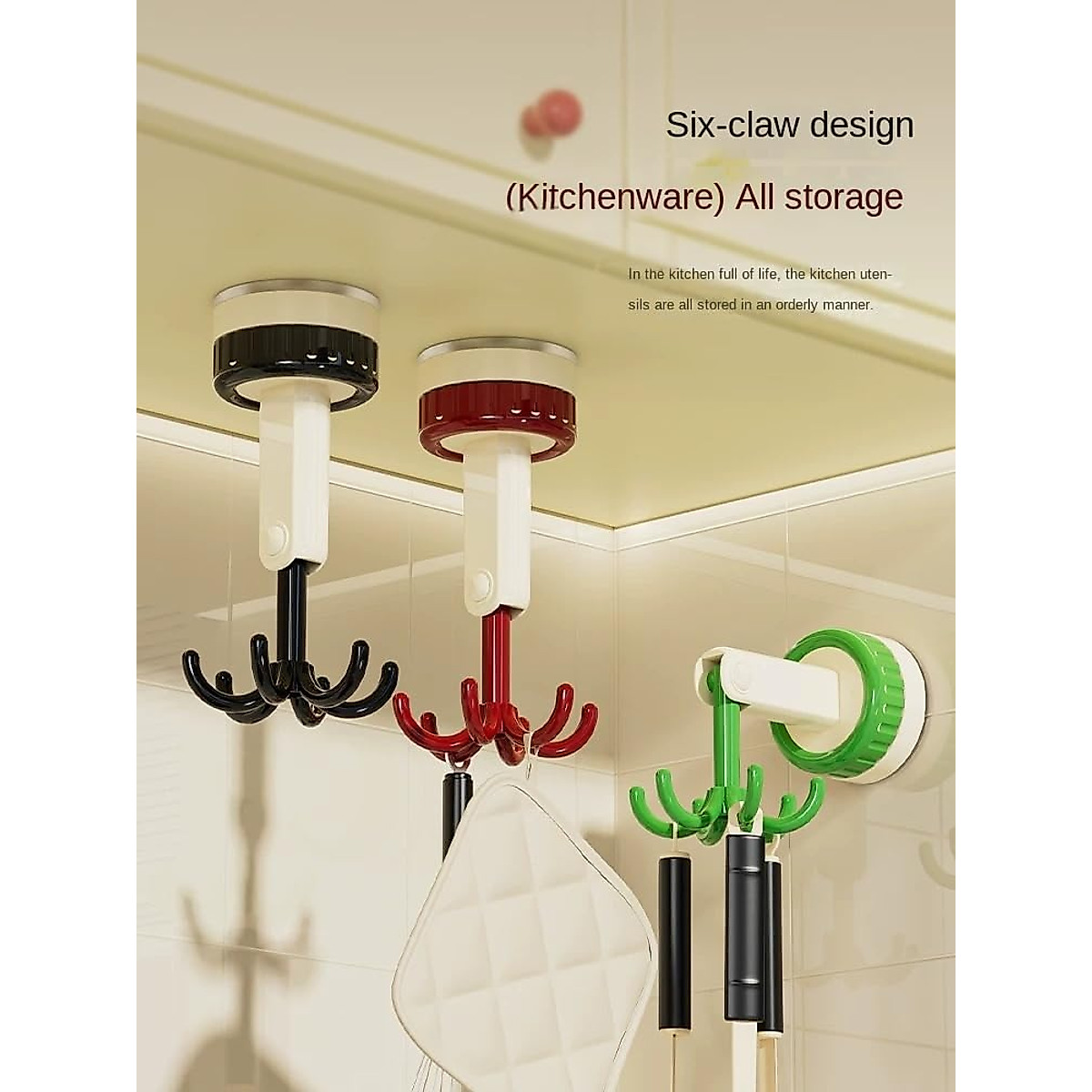 360 Degrees Rotating Folding Hook, Kitchen Hooks for Hanging Utensils, Self-Adhesive Suction Cup Hooks Rotating Kitchen Utensil Holder, Multi-Purpose Kitchen Utensil Hanger with