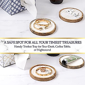 Wooden-Coasters-for-Drinks. Absorbent Wood Coaster Set of 6 with Holder. 4" Wide & 0.5" deep, Mango Wood - Coasters for Coffee Table Decor in White & Gold. Great as a Trinket Tray by Willow and Moore