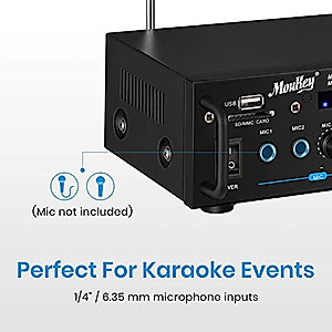 Moukey 2 Channel Amplifier for Stereo Audio Speakers Bluetooth 5.0 - Portable RMS 100W, Desktop Power Receivers with FM Radio, MP3/USB/SD Readers, 2 Mic Input, Remote MAMP3