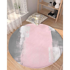 Contemporary Fluffy Round Area Rug Carpets 3.3ft, Plush Shaggy Carpet Soft Circular Rugs, Non-Slip Fuzzy Accent Floor Mat for Living Room Bedroom Nursery Pink Grey Abstract Minimalist Painting Art