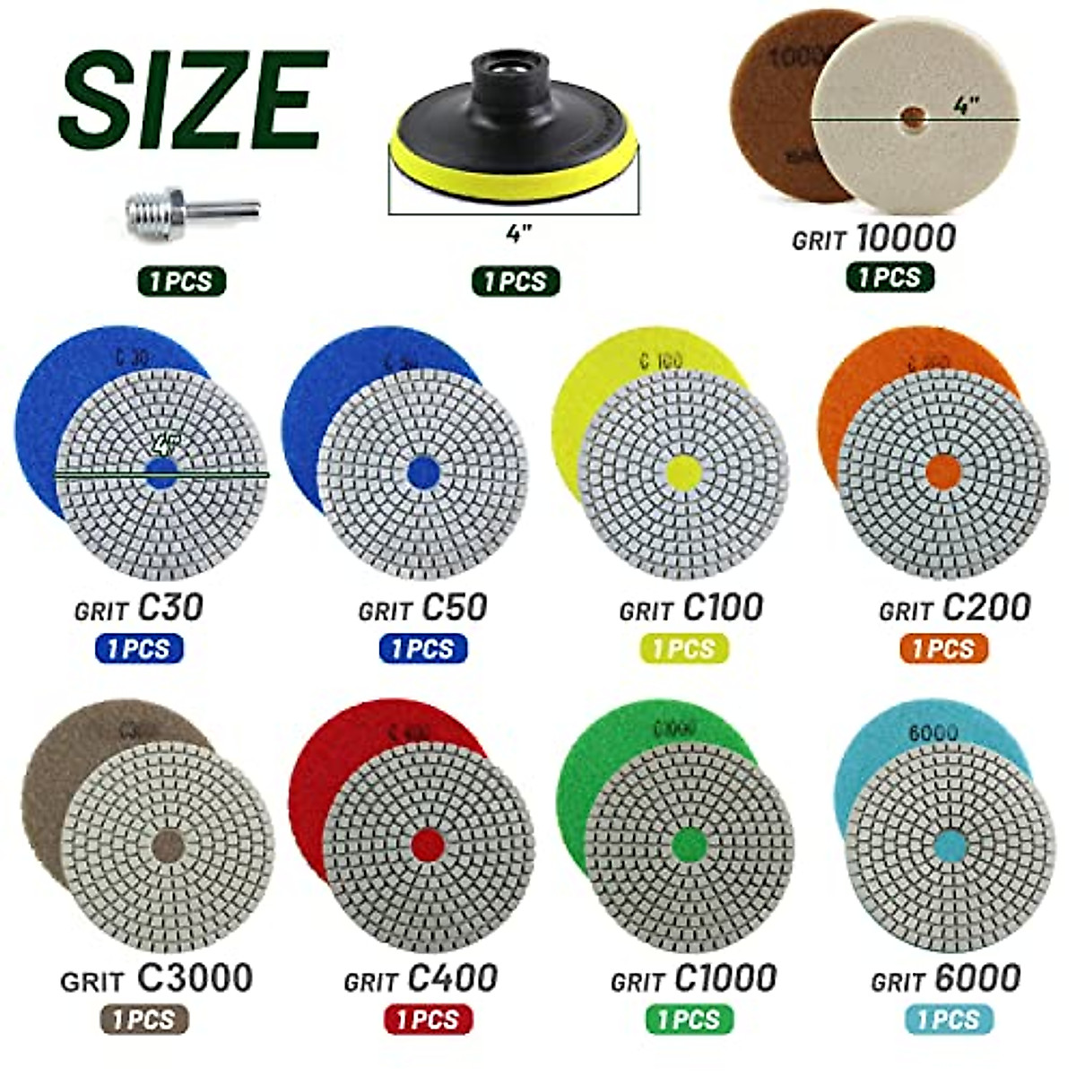 30-10000 Grit 4 Inch Diamond Polishing Pads Kit 11PCS, Wet & Dry Countertop Polish Pad for Concrete Granite Marble Stone, 5/8-11’’ Thread Backing Plate with Drill Adapter for Grinder, Drill & Polisher