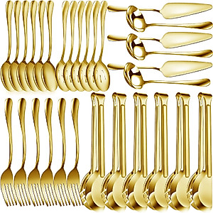 30 Pcs Stainless Steel Serving Utensils Set Serving Flatware Set Include Large Serving Spoons Slotted Spoons Serving Forks Soup Ladle Pie Server and Serving Tongs for Buffet Party (Gold)
