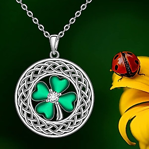 Shamrock Necklace St Patricks Day Four Leaf Clover Necklaces for Women Sterling Silver Celtic Knot Irish Green 4 Leaf Clover Jewelry Pendant Lucky Saint Patricks Gifts