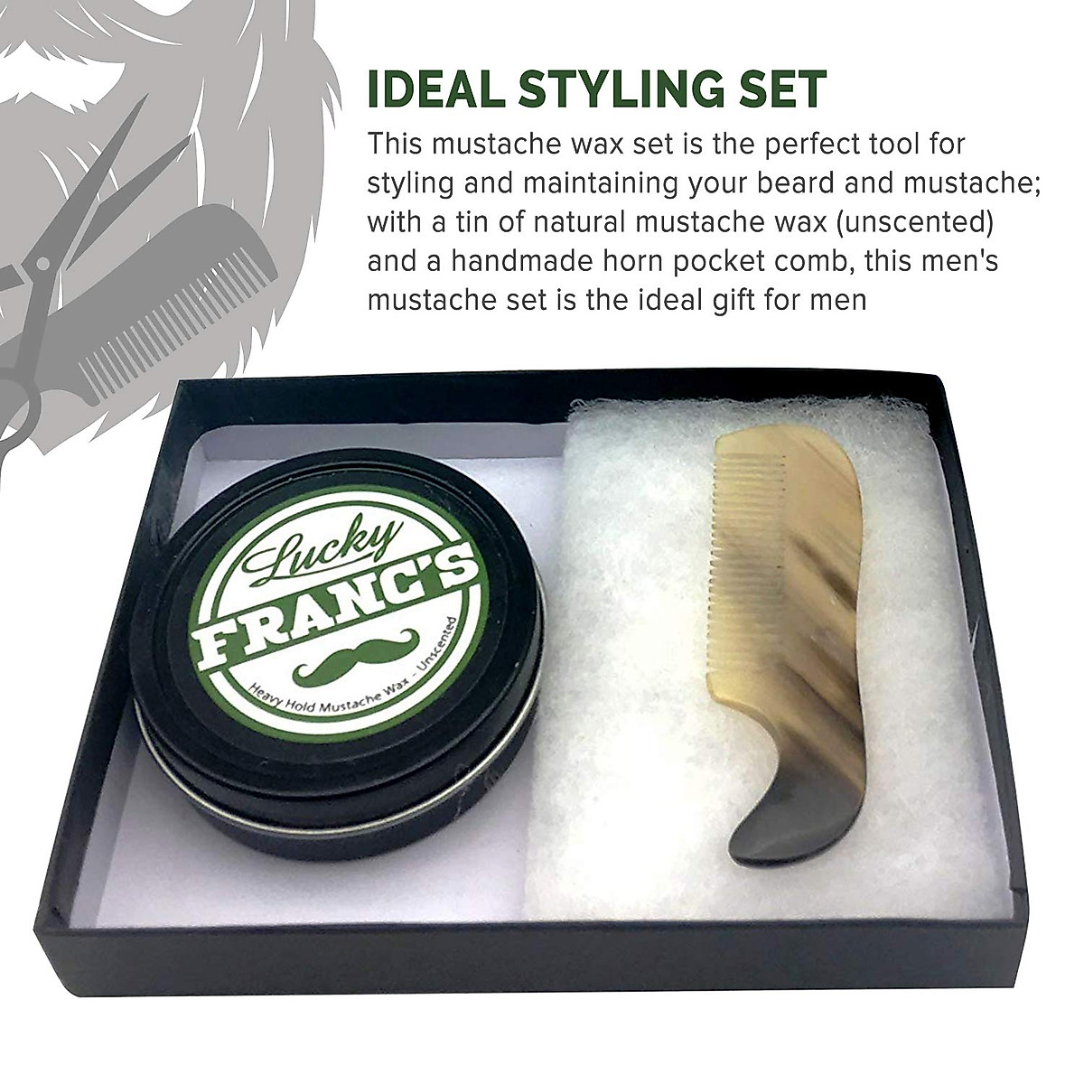 Lucky Franc's 2 oz. Strong Hold Mustache Wax and Real Ox Horn Comb Grooming Set. Wax that Stache in Style. Unscented Natural Moustache Wax and Stache or Beard Comb. Handmade Gift Set for Men