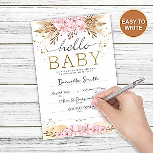 Baby Shower Invitations, Diaper Raffle Tickets and Baby Shower Book Request Cards, Blush Pink Boho Floral Baby Gender Reveal Party Supplies, Gender Neutral Baby Shower Decorations - 25 Sets(YQKTZ-019)