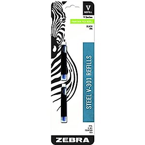 Zebra Pen V-301 Stainless Steel Fountain Pen Refill, Fine Point, 0.7mm, Black Ink, 2-Pack