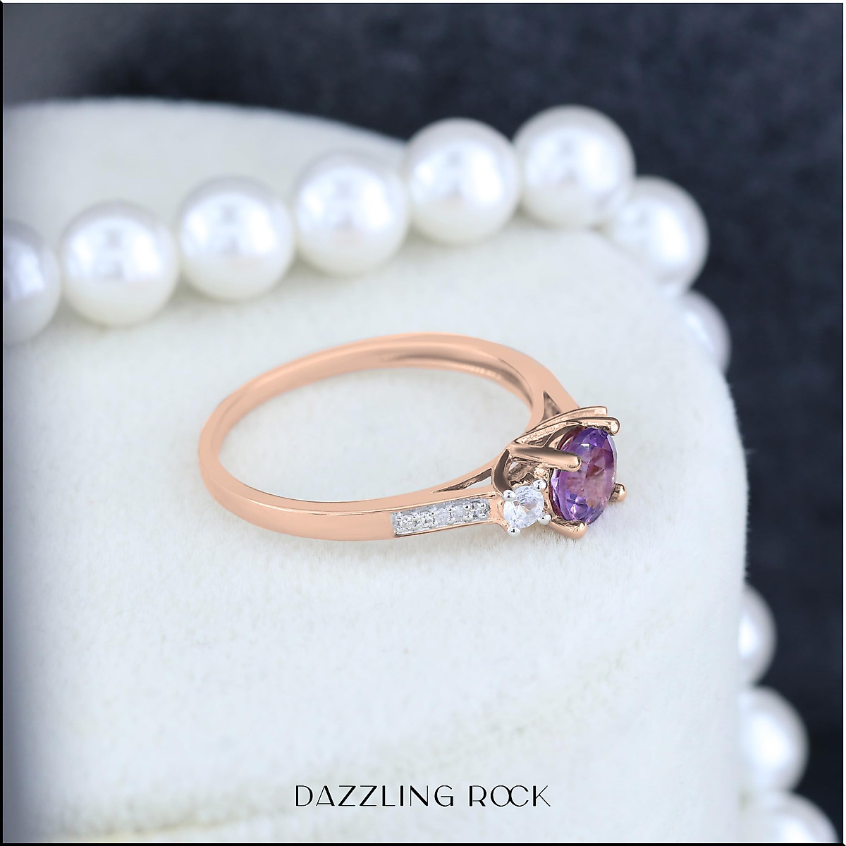 Dazzlingrock Collection 6 MM Round Amethyst,White Sapphire & Diamond Engagement Ring in 10K Rose Gold, Size 7