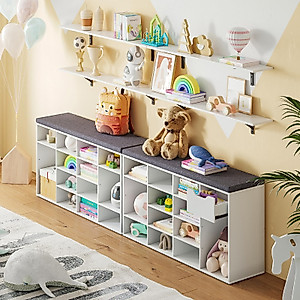 DINZI LVJ Shoe Bench, Entryway Storage Bench with Drawer and 15 Cubbies, Cubby Shoe Rack with Adjustable Shelves, Shoe Organizer Cabinet for Living Room, Bedroom, Mudroom, Closet and Garage, White