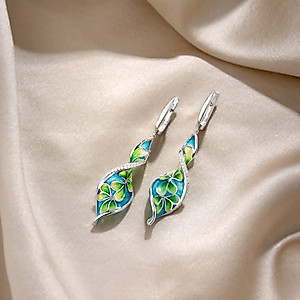 Santuzza Flower Earrings 925 Sterling Silver Cubic Zirconia Enamel Twisted Spiral Dangle Earrings for Women (Green)