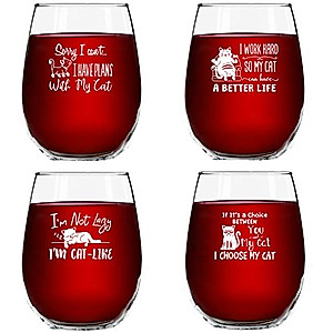 Funny Cat Stemless Wine Glasses Set of 4 | Hilarious Cat Gift Idea for Women, Pet Owners and Wine Lovers | 15 oz. Funny Cat Wine Glass with Cute Messages | Dishwasher Safe | Made in USA
