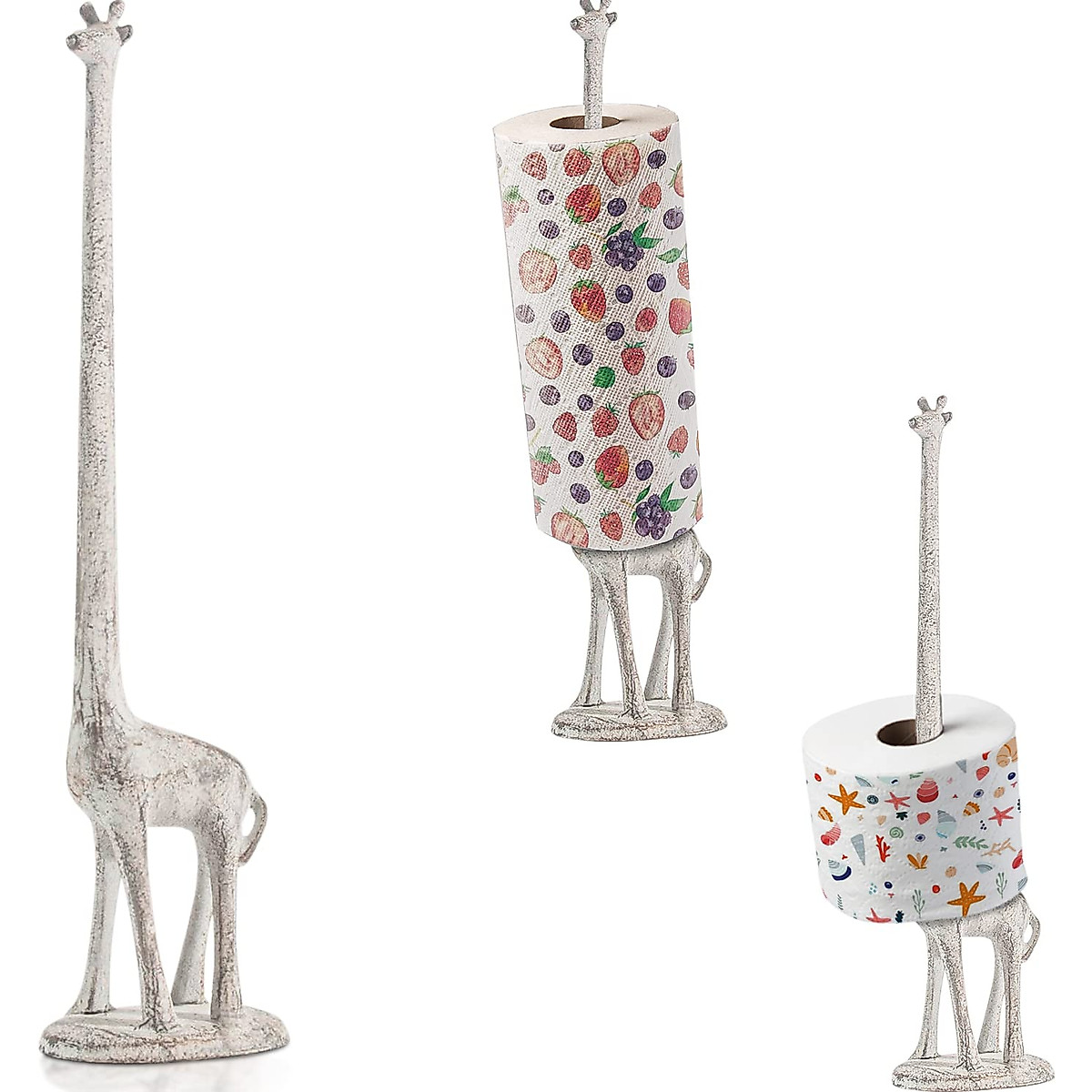 Paper Towel Holder or Free Standing Toilet Paper Holder- Cast Iron Giraffe Paper Holder - Decorative Bathroom Toilet Paper Holder or Stand Up Paper Towel Holder - Antique White by Comfify