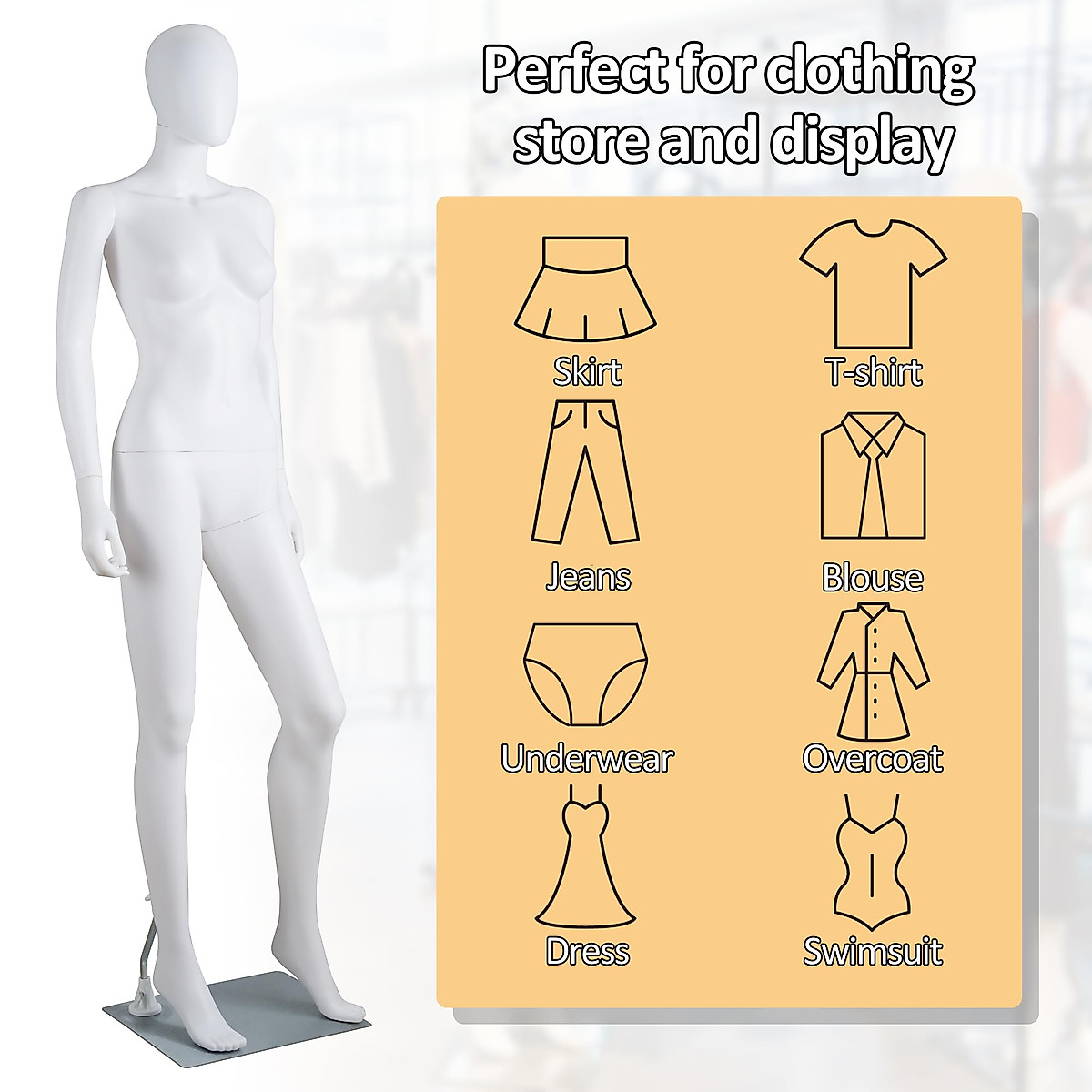 Spurgehom 70" Female Mannequin Torso Dress Form Adjustable Clothing Mannequins with Metal Stand Plastic Realistic Full Body Mannequin Display, White