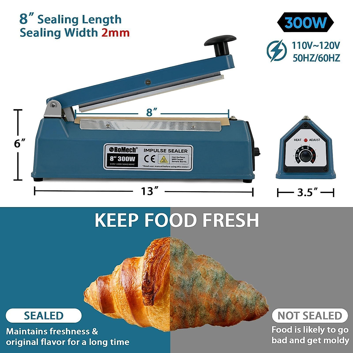 ROMECH 8 Inch Impulse Bag Sealer, Solid Metal Housing Heavy Duty Manual Heat Sealer Machine with Spare Parts for Sealing Plastic Bags & Shrink Wrap Bags (300W)
