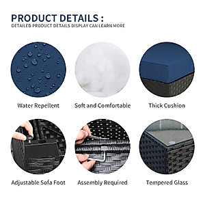 Valita 7 Piece Outdoor PE Wicker Furniture Set, Patio Black Rattan Sectional Sofa Couch with Washable Navy Blue Cushions…