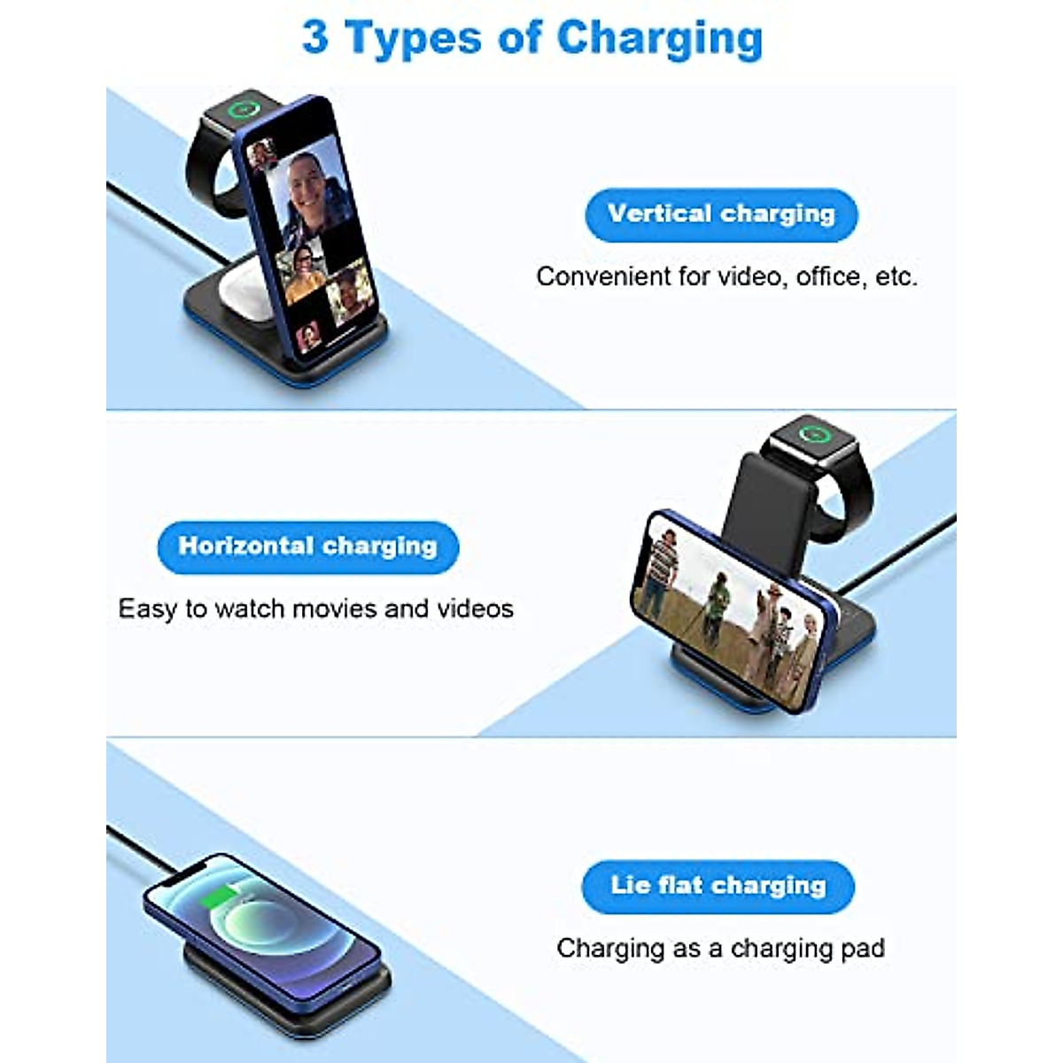 ZUBARR Foldable Wireless Charger for Multiple Devices 3 in 1 Wireless Charging Station for iPhone13 12 11/Pro/Mini/XS/XR,Wireless Charging Stand for Apple Watch SE/7/6/5/4/3/2, AirPods Wireless/Pro