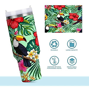 Burbuja Toucans Hibiscus 40oz Insulated Tumblers with Handle and Straw Lid, Double Wall Stainless Steel Travel Mug Leak-Proof, BPA Free, Gift for Mom Dad
