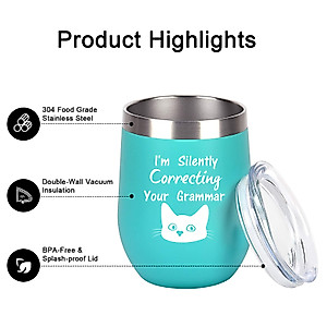 Qtencas Cat I'm Silently Correcting Grammar Wine Tumbler, Christmas Birthday Gifts for English Teachers, Grammar Police, Cat Lovers, Women, Funny Insulated Stainless Steel Tumbler (12Oz, Mint)