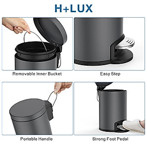H+lux Small Trash Can with Lid Soft Close, Foot Pedal Round Bathroom Garbage Can with Stainless Steel Removable Inner Wastebasket, Anti-Fingerprint Matt Finish, 0.8Gal/3L, Black