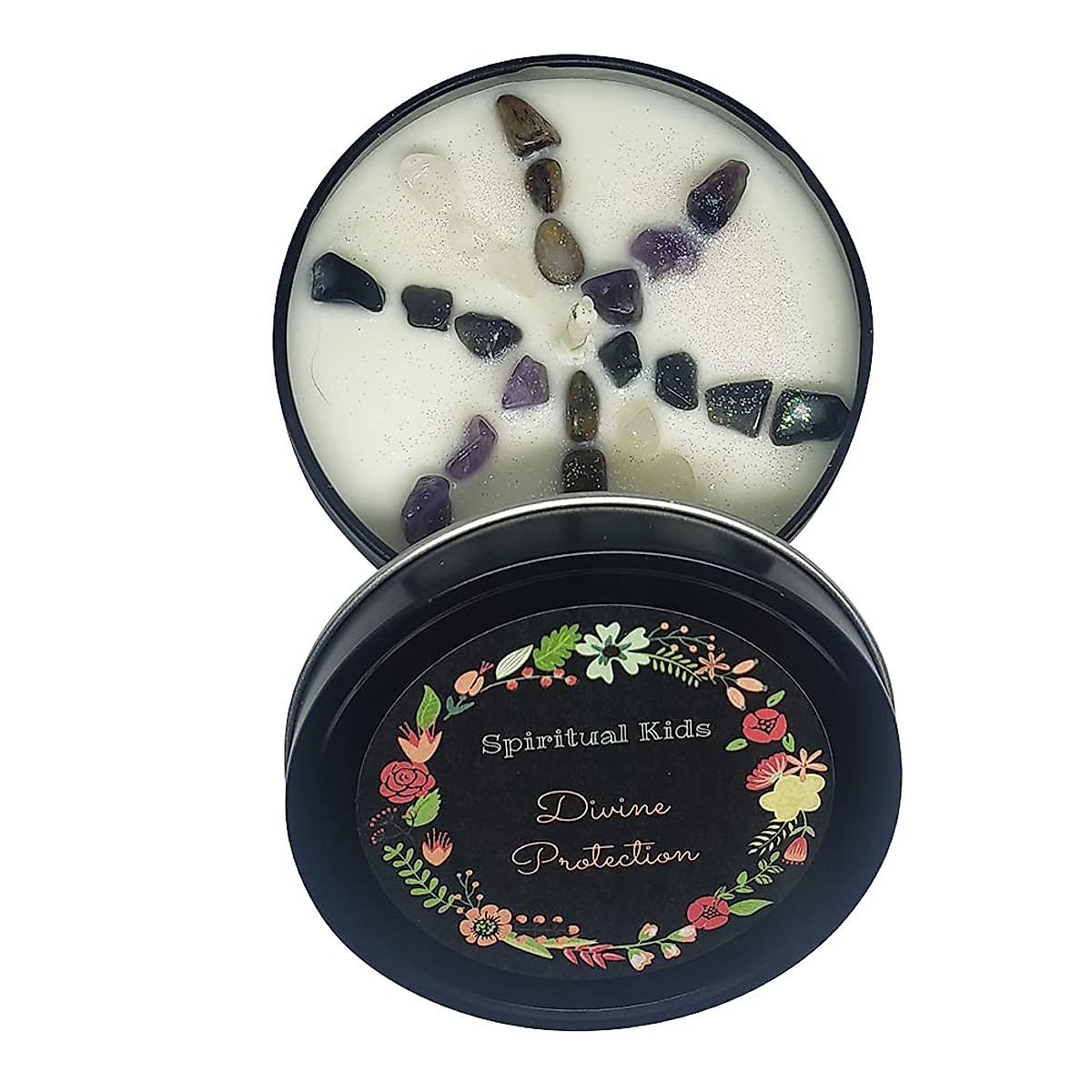 Divine Guidance and Protection Crystal 8 Oz Tin Candle Hand Poured with Soy Wax/Essential Oils, Energized Crystals Healing Crystals,8 Point Star!