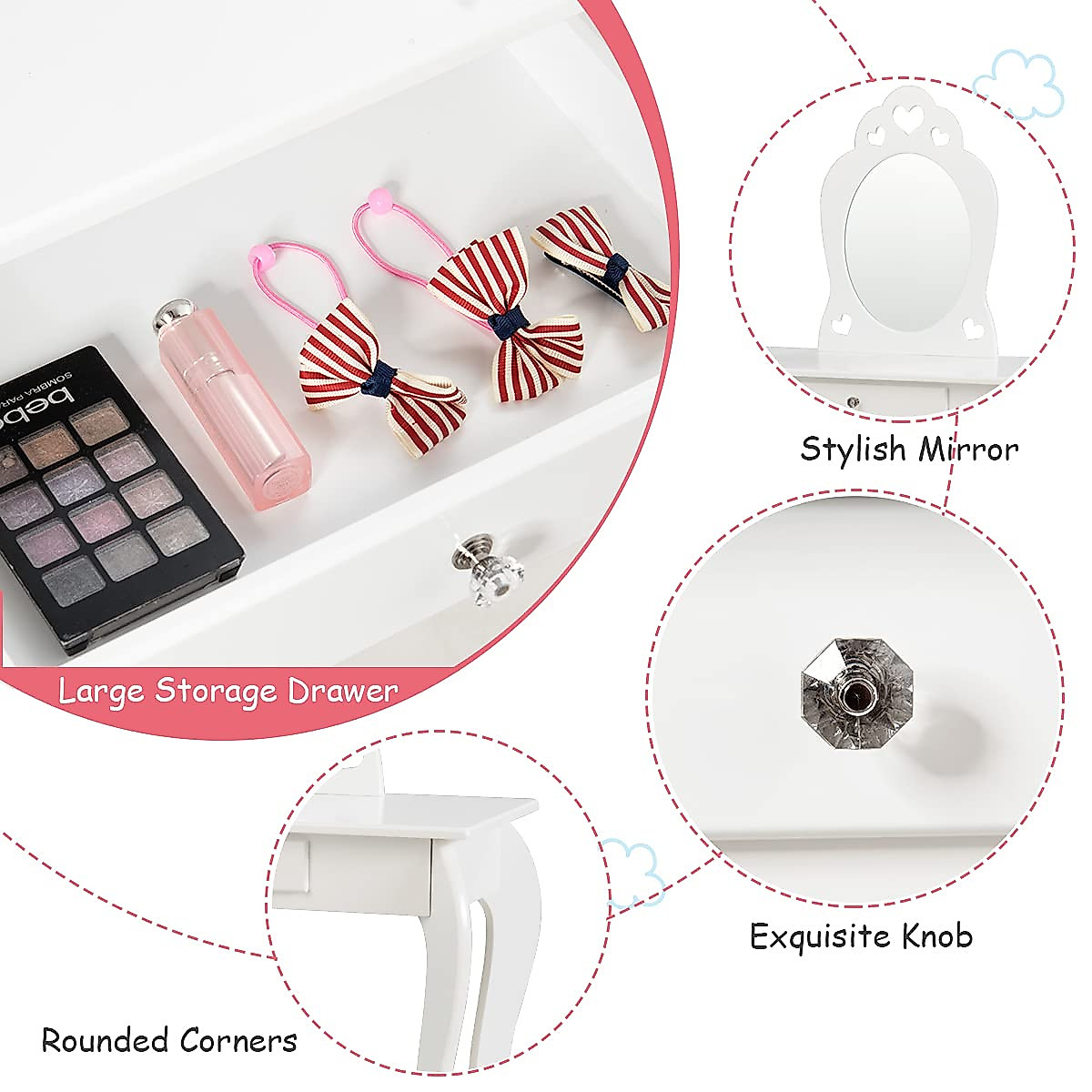 HONEY JOY Kids Vanity Set with Mirror, Toddler Wooden Vanity Table with Stool & Drawer, Removable Top, Princess Pretend Play Beauty Makeup Dressing Table Playset for Little Girls(White)