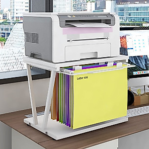 PUNCIA 2 Tiers Home Office Desktop Printer Stand with Letter Size Steel Hanging File Folder Frame Tabletop Shelf Organizer Storage Multifunction Printer Stand Table for Small Space Double Tiers Tray