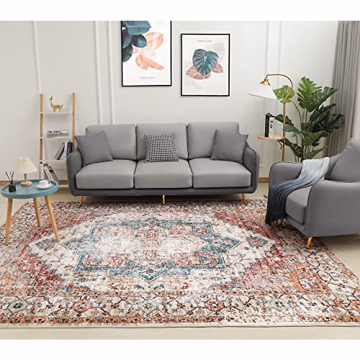 Area Rug Living Room Rugs: 8x10 feet Large Soft Bedroom Carpet Non Shedding Washable Farmhouse Boho Moroccan Throw Accent Rug for Kitchen Dining Room Home Office Under Table Floor - Red/Brown