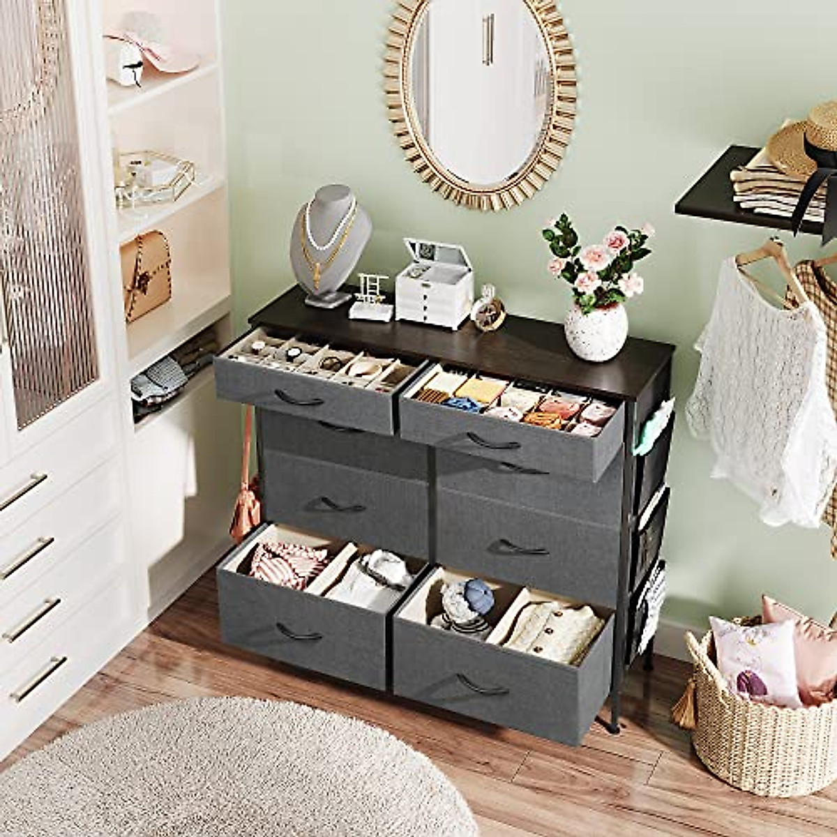 WLIVE 2-Drawer Nightstand, 5-Drawer Dresser and 8-Drawer Dresser Set, Fabric Storage Tower for Bedroom, Hallway, Nursery, Closets, Tall Chest Organizer Unit with Textured Print Fabric Bins, Steel Fram