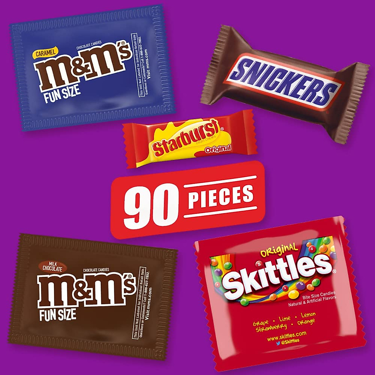M&M'S Milk Chocolate, M&M'S Caramel, SNICKERS, SKITTLES & STARBURST Individually Wrapped Bulk Variety Pack Candy Assortment, 45.69 oz, 90 Pieces Bag