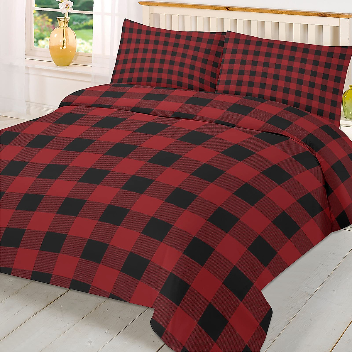Savannan Duvet Covers 3 Pieces Set California King Size, Christmas Red and Black Plaid Buffalo Check Farmhouse Decoration Bedding Set with Zipper Closure & Corner Ties (1 Duvet Cover + 2 Pillow Sham)