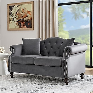 57" Chesterfield Sofa with 2 Pillows,2 Seater Sofa Tufted Couch with Rolled Arms and Nailhead for Living Room, Bedroom, Office, Apartment(Grey)