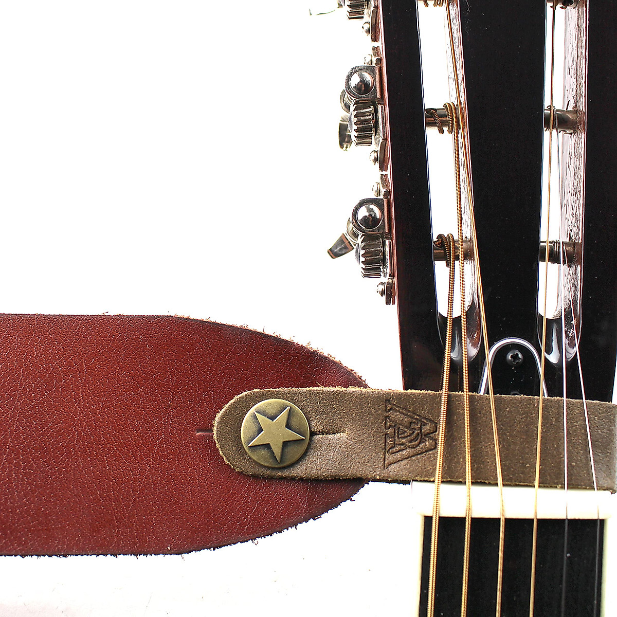 Walker And Williams AT-1-DBRN Distressed Brown Premium Leather Acoustic Guitar Strap Button Headstock Adaptor For Acoustic, Electric, And Bass Guitars