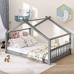 AOCOROE Wood House Bed Full Bed Frame for Boys and Girls, Full Size Playhouse-Design Montessori Floor Bed Platform Bed Frame,No Box-Spring Needed