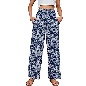 JASPAL Women Casual High Waisted Palazzo Pants Wide Leg Long Lounge Trendy Trousers with Pocket-XL-Blue White Flower