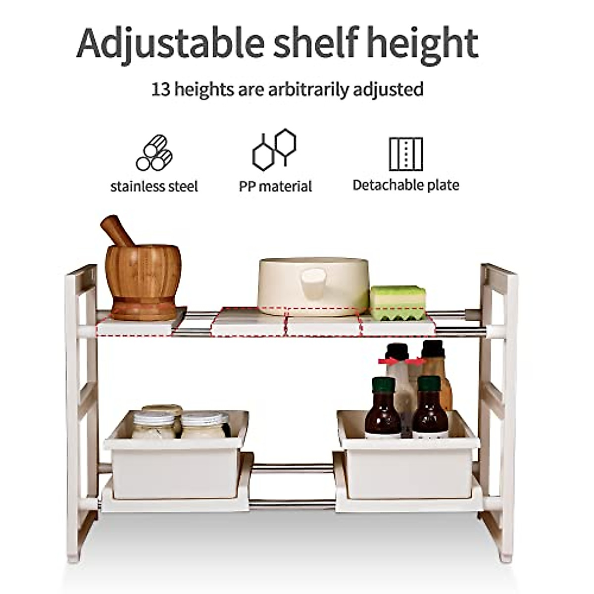 Aluvee Under Sink Storage and Organiser - Multipurpose Sliding 2-Tier Under Sink Organiser for Bathroom Kitchen - Top & Bottom Sliding Cabinet Organiser, White